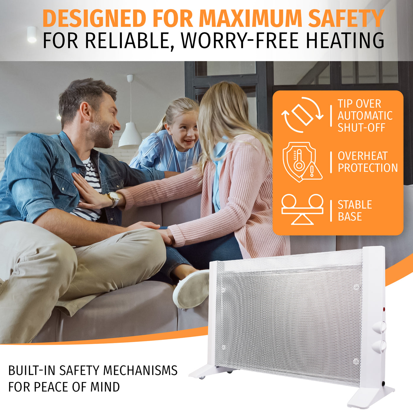 Mica Panel Electric Heater 2000W Free Standing 3 Heat Settings (White ...